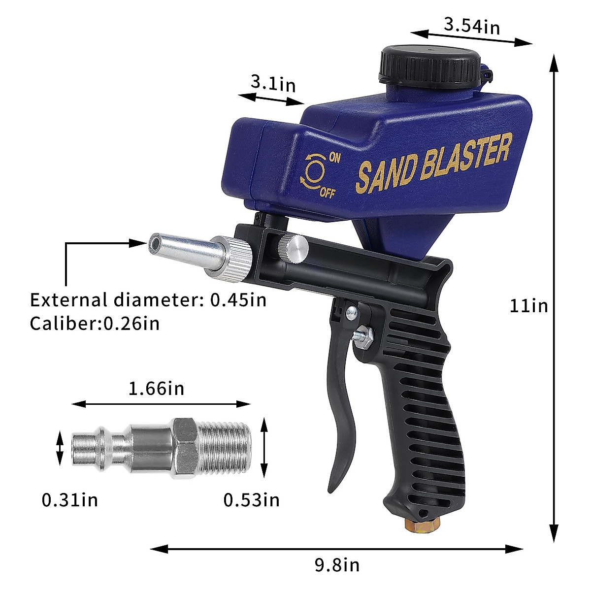 Ziopetru Sand Blaster Gun - Gravity Feed Sandblaster Gun for Metal, Wood Paint/Rust Removal and Glass Etching - Handheld Sand Blaster Gun for Air Compressor, Up to 70-150 PSI Blasting Media, Blue