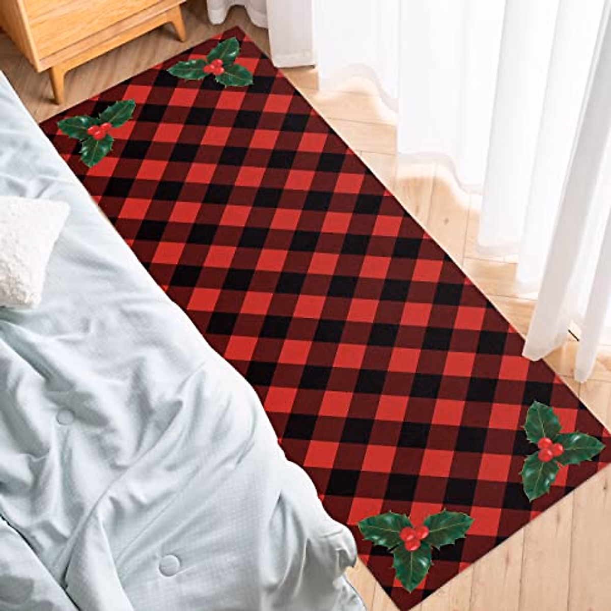 FDECOR Christmas Kitchen Mats Set of 2, Christmas Red Lattice Berry Cushioned Rugs Floor Mats for Kitchen Laundry,Non Slip Farmhouse Kitchen Runner Rugs Comfort Standing Mat, 19.7x31.5in+19.7x63in