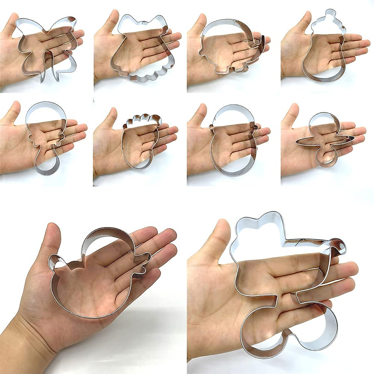 LILIAO Baby Shower Cookie Cutter Set - 10 Pcs - Footprint Dress Carriage Pacifier Ribbon Duck Rattle Elephant Bottle Baby Biscuit Cutters - Stainless Steel