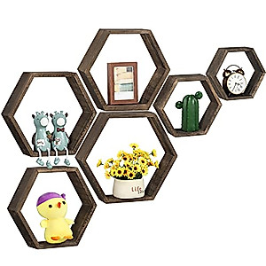 NANANARDOSO Hexagon Shelves for Wall, Pack of 6 Honeycomb Wall Shelves, Wood Farmhouse Storage Home Decor Shelf for Bathroom, Living Room, Office, Bedroom, Driftwood Finish, Brown.