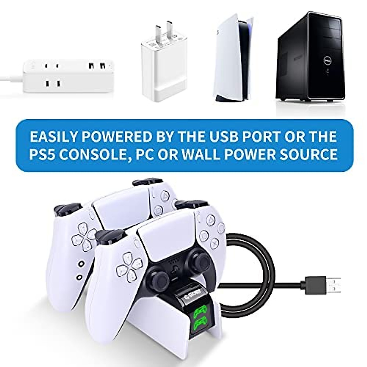 G-STORY PS5 Charging Station, Upgraded PS5 Controller Charging Station with LED Indicator Controller Skin & 1.5M Charging Cable, Safety Chip Protection, Adjustable Support Plate Dual, Fast Charging