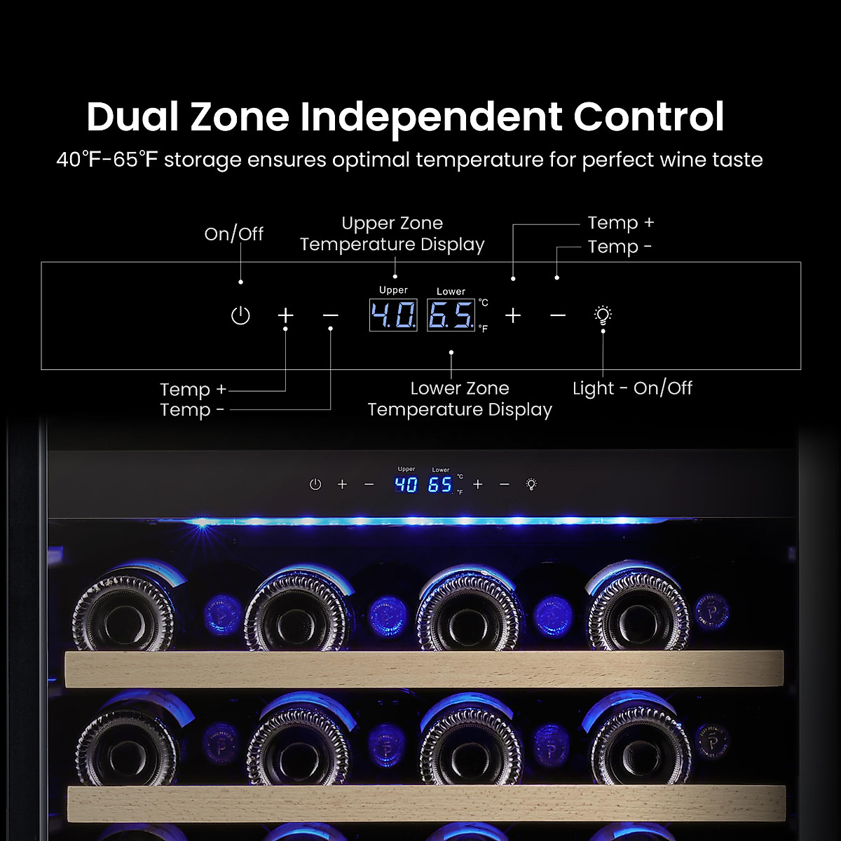 Yeego Wine Fridge & Cooler - 24 Inch Dual Zone Wine Cooler 47 Bottles, 40-65℉ Wine Refrigerator Glass Door with Safety Lock, Built-in, Under Counter or Freestanding Fridge for Home Kitchen(5.12 cu.ft)