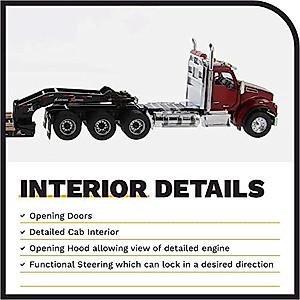 Diecast Masters Kenworth T880 SFFA Tractor Truck - Red | Day Cab with XL 120 Low-Profile HDG Trailer | Outrigger Style with Jeep & 2 Boosters | 1:50 Scale Model Semi Trucks | Diecast Model 71061