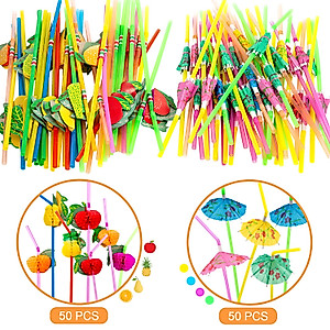 100 Pcs Disposable Straws Fruit Straws Umbrella Straws Party Table Decor Tropical Drinks for Cocktail Soft Drinks Hawaiian Luau Party Supply (50 Fruit + 50 Umbrella Straws)