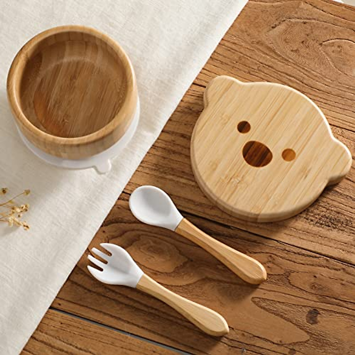 Baby Bowls with Lid - HBM Bamboo Suction Bowls for Baby and Spoon Set - 3PC Feeding Supplies Set for Infant, Toddlers - Detachable Silicone Suction Stay Put Base for Wooden Bowl - BPA Free （Marble）
