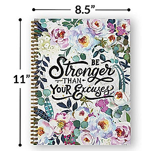 Softcover Stronger Than Excuses 8.5" x 11" Motivational Spiral Notebook/Journal, 120 College Ruled Pages, Durable Gloss Laminated Cover, Gold Wire-o Spiral. Made in the USA