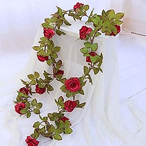 ShineBear 1 Pcs Silk Roses Ivy Vine with Green Leaves for Home Wedding Decoration Fake Leaf DIY Hanging Garland Artificial Flowers - (Color: 17pcs Red, Size: 86.62inch)