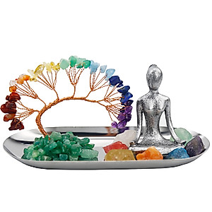 Meditation Accessories, Zen Spiritual Decor, 7 Chakra Crystal Tree Healing Stones and Yoga Statues, for Living Room, Office, Shelves, Mantle Decor, Birthday Gifts for Women