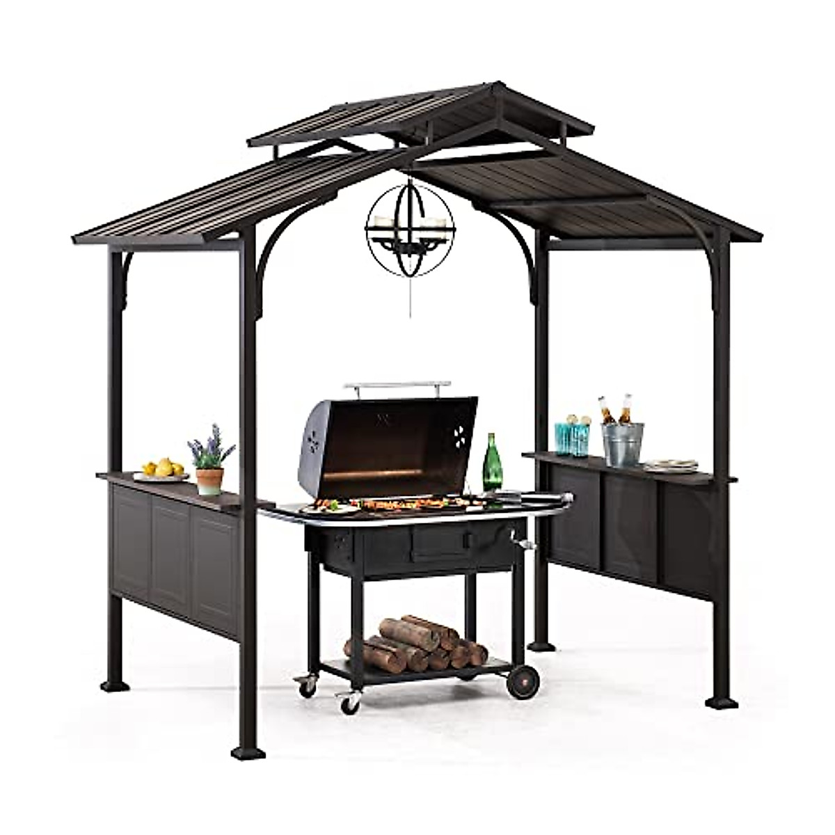 Sunjoy Grill Gazebo 5 ft. x 8 ft. Brown Steel Frame Double Tiered Hardtop Gazebo with Ceiling Hook and Shelves