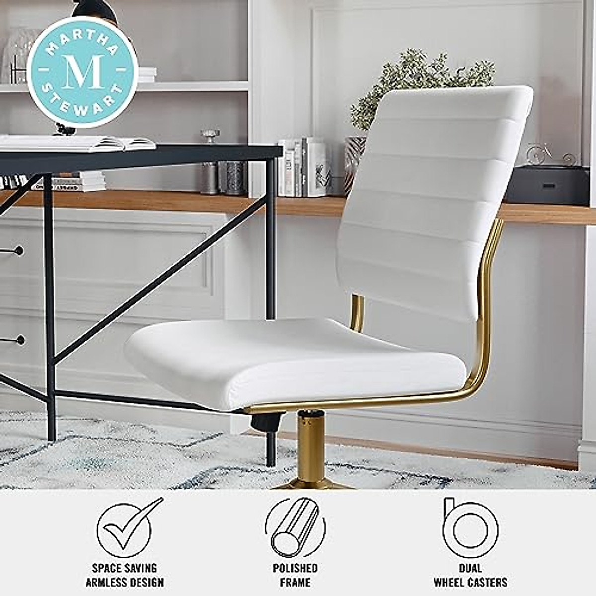 Martha Stewart Ivy Armless Swivel Task Chair for Home Office in White Faux Leather with Polished Brass Frame