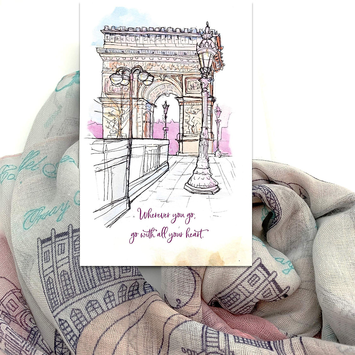 Smiling Wisdom - Wherever You Go, Go With All Your Heart Greeting Card & Paris Scarf Gift Set - Beginnings Goodbye Retirement Journey - Women Grey Peach White (Paris)