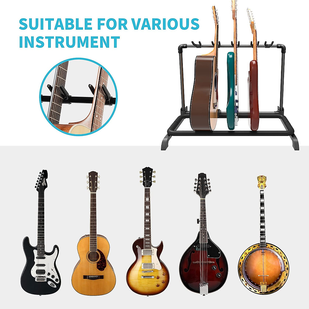GUITTO Multi Guitar Rack Stand Foldable Universal Display Rack Portable Guitar Holder for Band Stage Bass Acoustic Guitar -5 Holder GGS-07