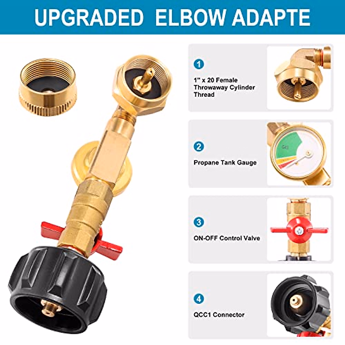QCC1 Propane Refill Elbow Adapter with Propane Tank Gauge, 90 Degrees Propane Refill Adapter with ON-Off Control Valve, for Camping Grill 1LB Bottle Tank 20-40LBS Cylinder