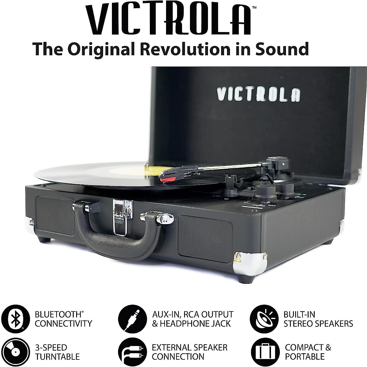 Victrola Vintage 3-Speed Bluetooth Portable Suitcase Record Player with Built-in Speakers | Upgraded Turntable Audio Sound | Black, Model Number: VSC-550BT-BLK