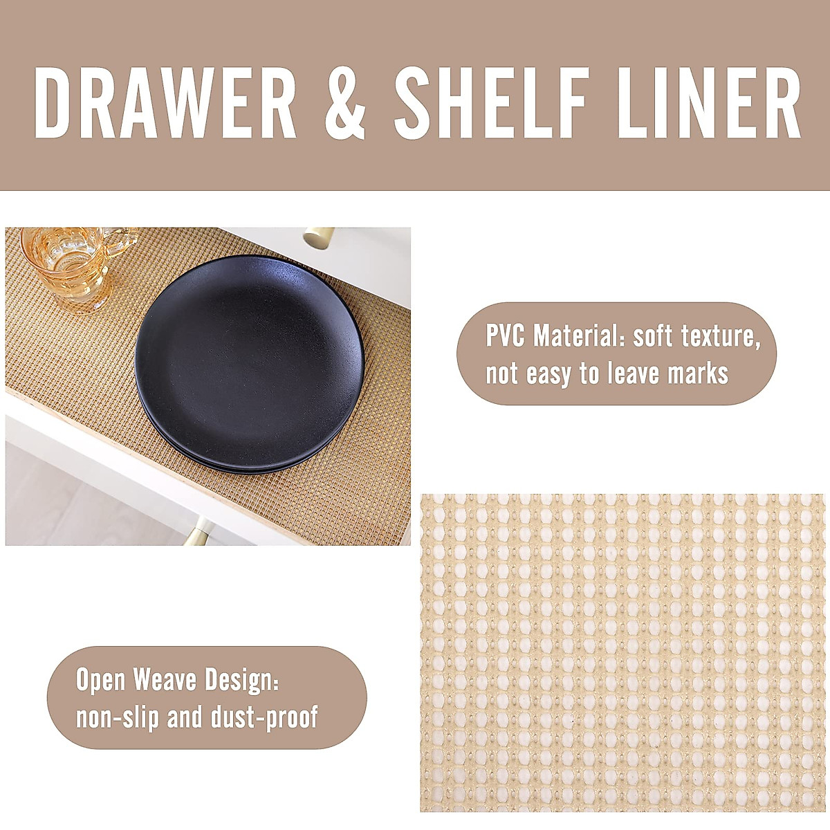Moretoes Drawer and Shelf Liner, Non Adhesive 12 Inch x 10 FT Sustained and Strong Cabinet Liner Non Slip for Kitchen Cupboard Pantry Table Desk Storage Organizer (Beige)