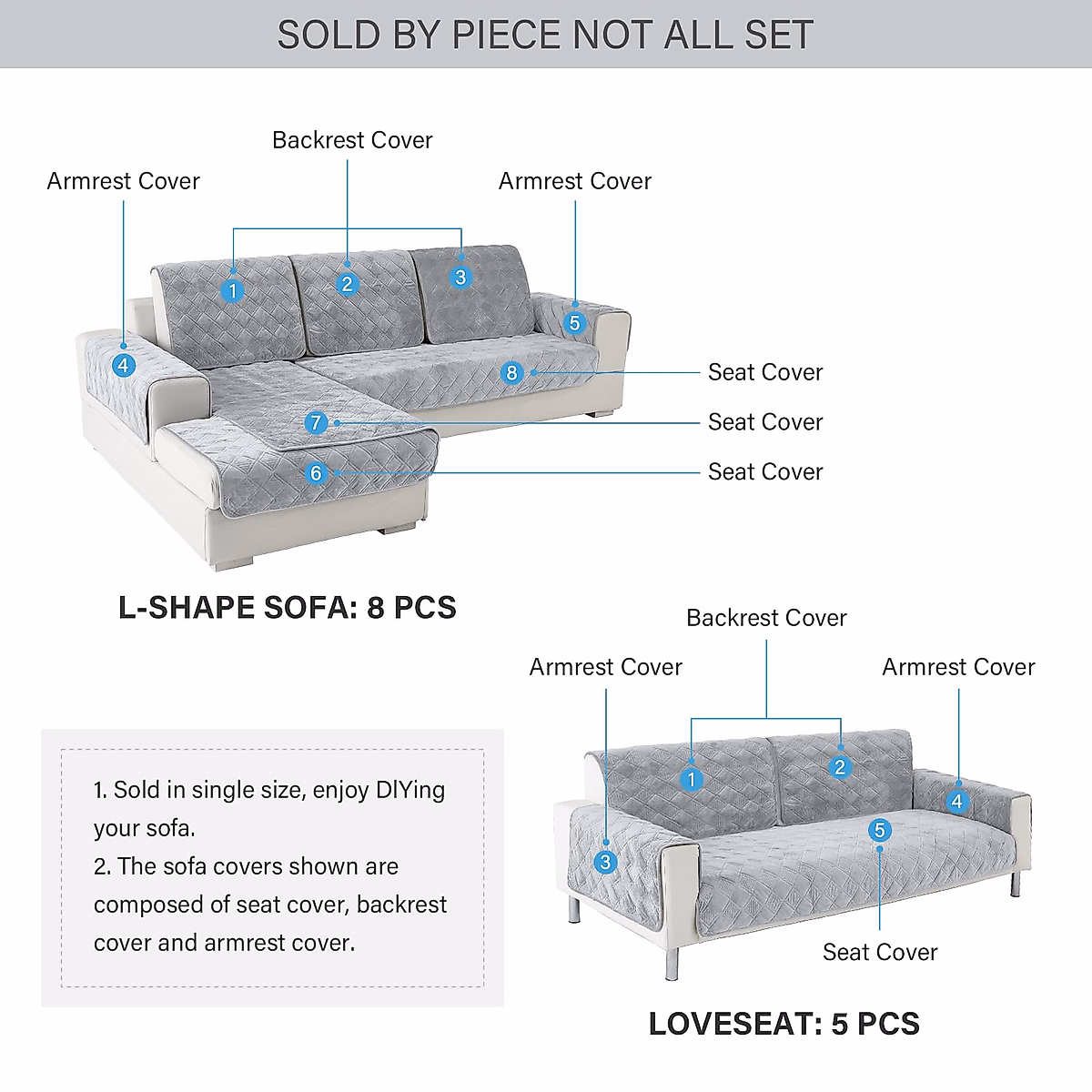 Deep Dream 1 Piece Couch Arm Covers, Backrest Covers, Sectional Couch Covers, Anti-Slip Armrest Covers for Dogs Cats Recliner Loveseat Sofa L Shaped, 28 x 28 Inch - Light Gray(1 Piece)