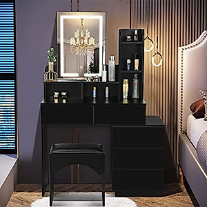 SMOOL Vanity Desk with Lighted Mirror - Makeup Vanity Table with 3 Color Lighting Modes Adjustable Brightness, Makeup Desk with Movable 3-Drawer Chest and Shelves, Vanity Set for Bedroom Studio, Black