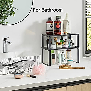 YMYNY Cabinet Shelf Organizer, Extendable Countertop Shelves Set of 2, Kitchen Spice Racks, Stackable, Storage Racks for Cupboard, Sink, Pantry, Bathroom, Black, Metal, HSR002B