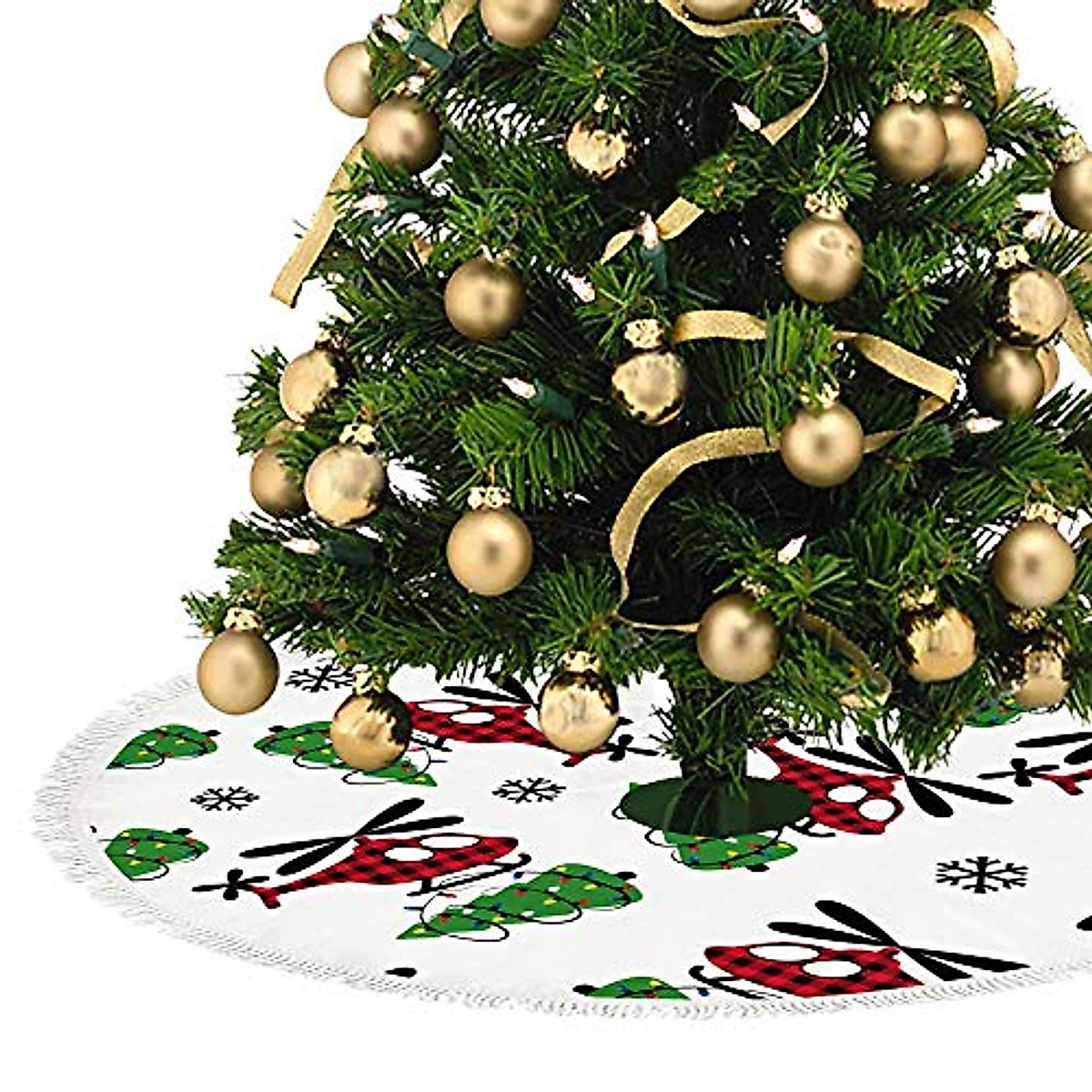 Dream Bay Christmas Tree Skirt,﻿Cartoon Christmas Helicopter Christmas Tree Mat for Xmas Party Decoration 36x36 Inches