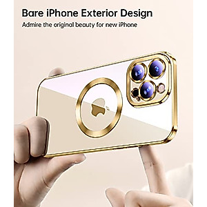JUESHITUO Magnetic Glossy Clear for iPhone 12 Pro Max Case with Full Camera Cover Protection [No.1 Strong N52 Magnets] [Military Grade Drop Protection] for Women Girls Magsafe Case (6.7")-Gold