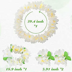 LovesTown 4 PCS Hawaiian Lei Set, White Luau Wreath Garland Hawaii Leis Flower Headpiece Necklace Bracelet Birthday Holiday Party Favor