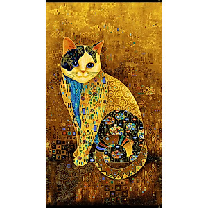 Timeless Treasures Cleo CM1880 Gold 24" Golden Bejeweled Cat Panel - Metallic