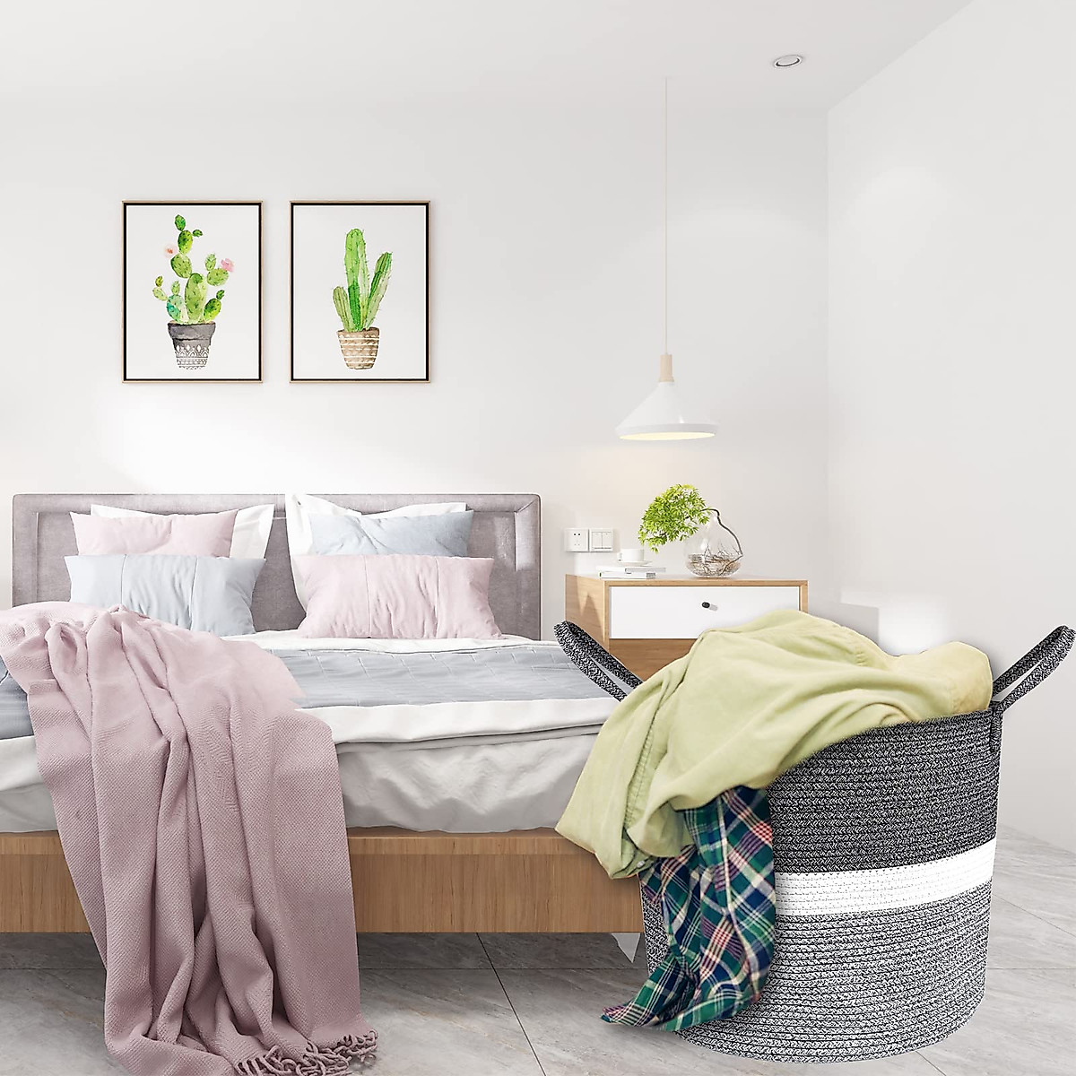 Laundry Hamper with Handles FULOOPHI Cotton Rope Woven Basket for Delicates Large Mesh Clothes Hamper for Washing Machine Pillows Towels Socks Shoes Kids Toys Trainers Travel Bedrooms Light Grey