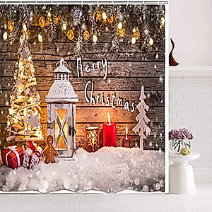 YRIGSUN 5 Pcs Wood Light Snow Christmas Tree Decor Merry Christmas Shower Curtain Sets with Rugs and Towels, Toilet Lid Cover, Bath Mat Festive Colorful Xmas Elements Bathroom Set