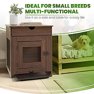 PURRPAXZ Dog Kennel Furniture, Wooden Dog Crate End Table Under 25 lbs, metal mesh Dog Crate Indoor Kennel for with Storage Drawer & Cushion & Tray for bedrooms(Brown)
