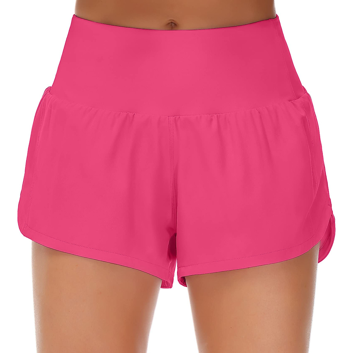 Origiwish Women's High Waisted Running Shorts with Liner Quick Dry Athletic Workout Shorts Zipper Pockets Bright Pink