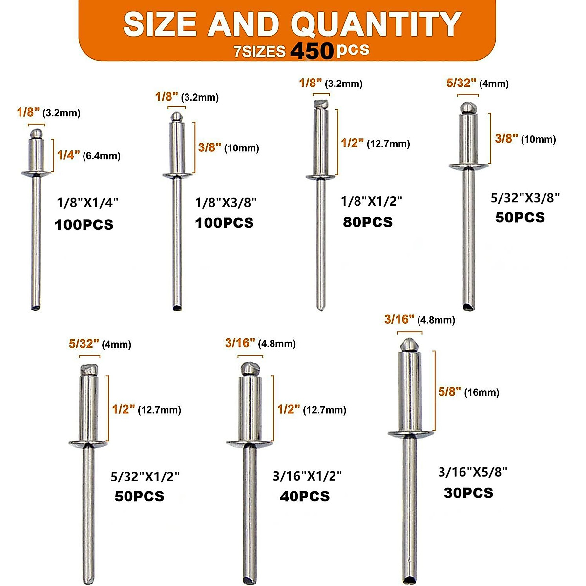 450pcs Stainless Steel Blind Pop Rivets, Stainless Steel Blind Rivets, 1/8" 5/32" 3/16"，7Sizes Pop Rivets Assortment Kit(Silver)