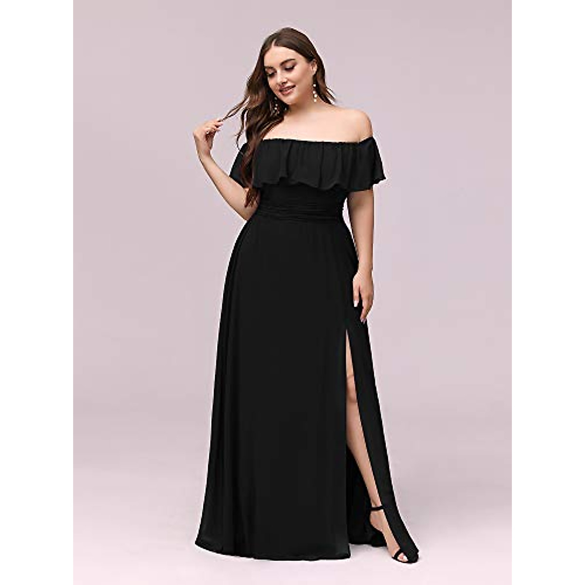 Ever-Pretty Women's Off Shoulder Ruffle Sleeves Side Split Chiffon Plus Size Semi Formal Dresses for Women Black US24