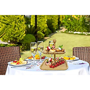 Decorative 2-Tier Square Bamboo Serving Tray with Wooden Handle - Cupcake Stand - Home Decor for Kitchen Counter, Dining Room Table, and Coffee Bar - 9.5" x 9.5" x 10"