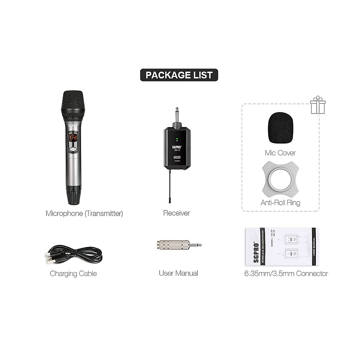 SGPRO Multiple-Purpose Wireless Microphone Set Compact Receiver Mute Function Battery Indicator for Singing, DJ, Speech, Classroom, Church, Home Karaoke and More (SG-13 | Single Handheld Set)