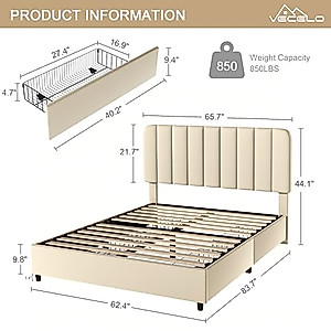 VECELO Queen Size Bed Frame with Ajustable Headboard and 4 Storage Drawers, Velvet Heavy Duty Platform Beds with Strong Wood Slats Support, No Box Spring Needed, Beige