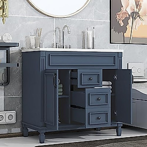 Aiuyesuo 36'' Modern Bathroom Vanity, Royal Blue Mirror Combo Stand Cabinet, Modern Bathroom Storage Cabinet with 2 Soft Closing Doors and 2 Drawers, Single Sink Bathroom Vanity