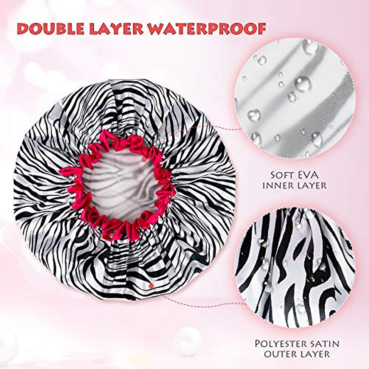 POPCHOSE Shower Cap, Large Shower Caps for Women Long Hair, Reusable Double Layer Waterproof Shower Hair Bath Cap, Stylish Satin Hair Bonnet, Soft Comfortable EVA Lined Shower Hat for All Hair Length