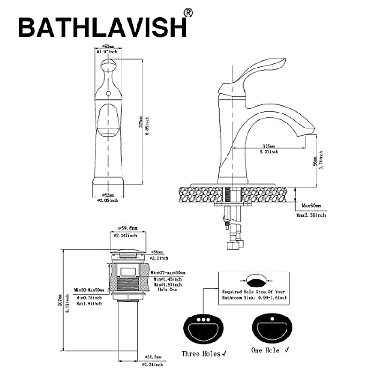 BATHLAVISH Bathroom Faucet Brushed Nickel Single Handle One Hole Vanity Satin Sink with Pop Up Drain Assembly Bath with Overflow Stream Basin Mixer Tap Lavatory Commercial Supply Line