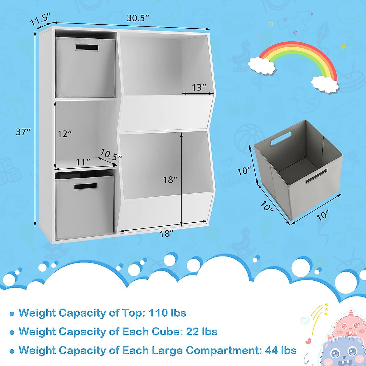 GLACER 5-Cube Kids Toy Storage Organizer, Freestanding Wooden Bookcase Bookshelf w/ 2 Removable & Foldable Bins, Open Multi-bin Storage Display Cabinet for Kids Room, Play Room, Nursery, White