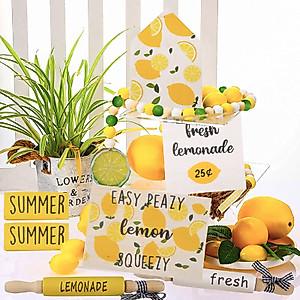 10 Piece Lemon Tiered Tray Decor, Fresh Lemonade Wooden Tier Decor, Rolling Pins,Faux Lemons,Yellow Wood Bead Garland,Lemon Summer Tray Decor,Farmhouse Signs Kitchen Decorations