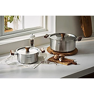 Dr.HOWS Warmwood Nonstick Pot 7 inch with Lid - Small Kitchen Stainless Steel Pot with Wooden Handles - Lightweight Pot For Induction, Ceramic, Electric, Halogen and Gas Cooktops
