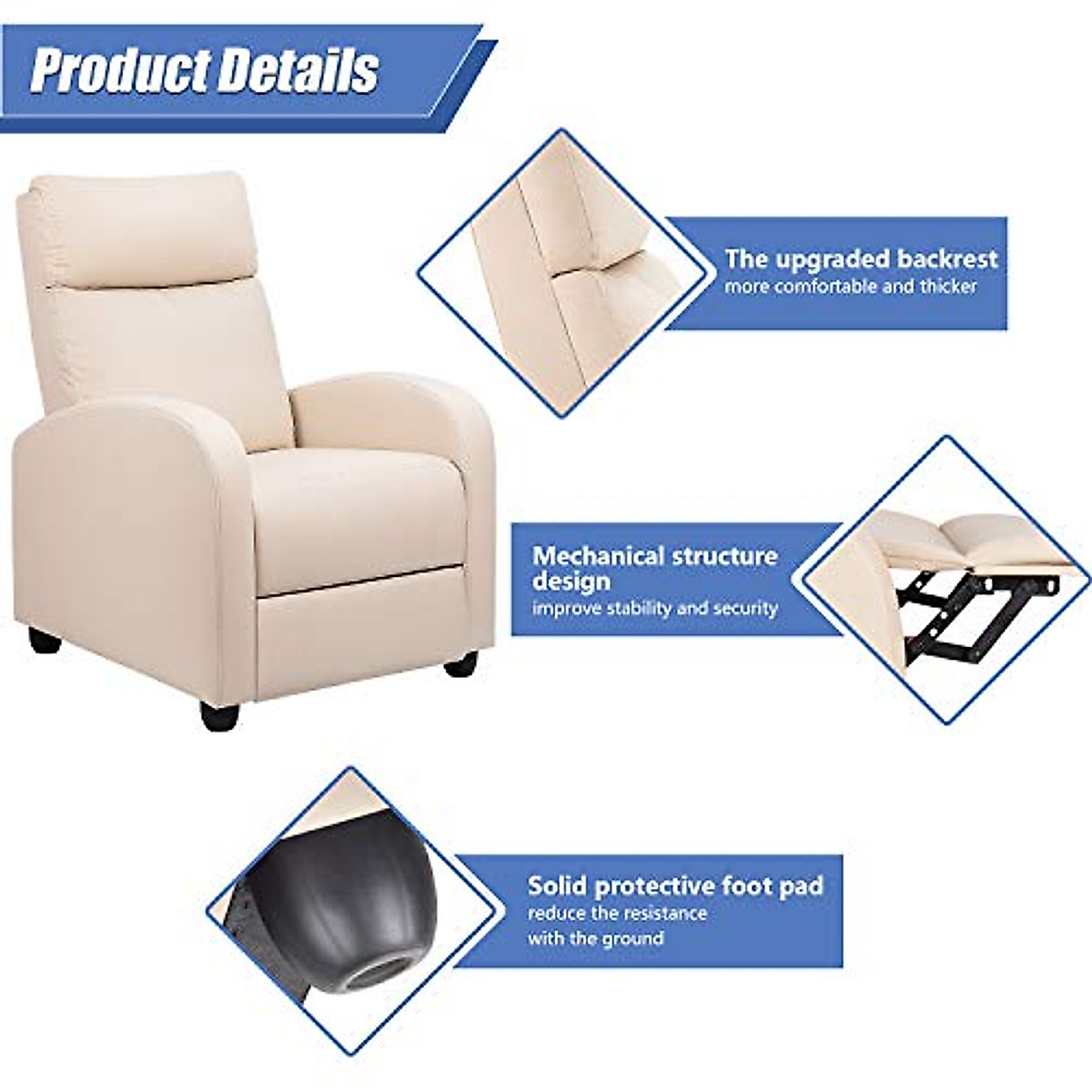 Tuoze Recliner Chair Modern PU Leather Recliners Chair Adjustable Home Theater Seating with Sofa Padded Cushion (Beige)
