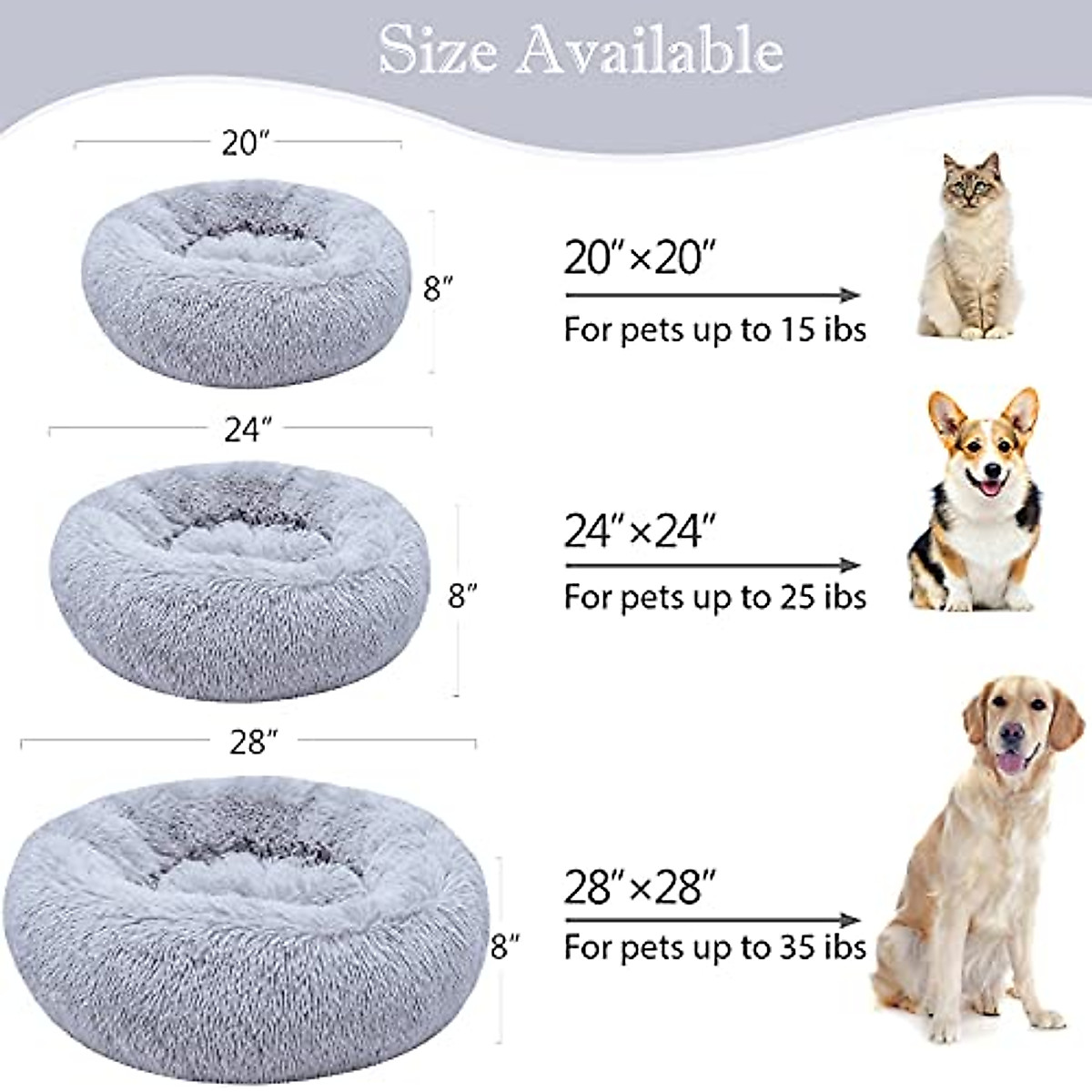 WAYIMPRESS Calming Dog Bed for Small Dog & Cat,Washable Plush Round Pet Puppy Bed with Fluffy Faux Fur for Anti Anxiety and Cozy (20x20 Inch, Grey)