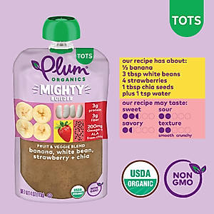Plum Organics Mighty Builder Organic Toddler Food - Banana, White Bean, Strawberry, and Chia - 4 oz Pouch (Pack of 12) - Organic Fruit and Vegetable Toddler Food Pouch