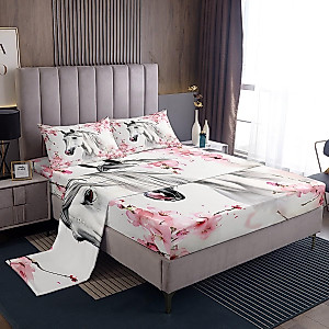 Feelyou Horse Sheet Set Twin, Cherry Blossom Sheets with Deep Pocket Fitted Girls Horse Bed Sheets Set for Kids Boys Girls Pink Horse Bedding Set Soft Bed Set 3Pcs