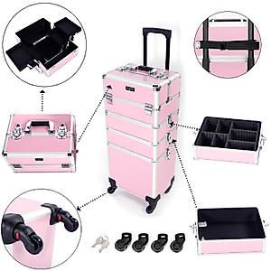 mefeir 4 in 1 Rolling Makeup Train Case, Aluminum Makeup Travel Organizer Cosmetic Case, Cosmetology Display Suitcase on Wheels, Beauty Storage Luggage Lockable w/4 Removable Wheels (Pink)