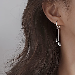 SLUYNZ 925 Sterling Silver Star Hoop Earrings for Women Star Dangle Earrings Hoop Tassel (A-Silver)