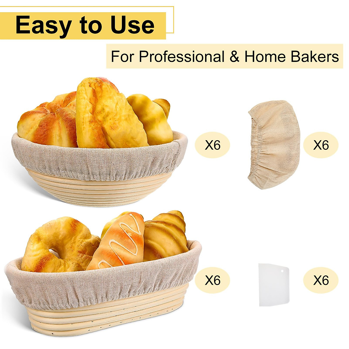 Geetery Set of 12 Proofing Basket, 10 Inch Round Oval Cane Bread Proofing Baskets with Sourdough Bread Baking Supplies, Making Kit for Dough Baking