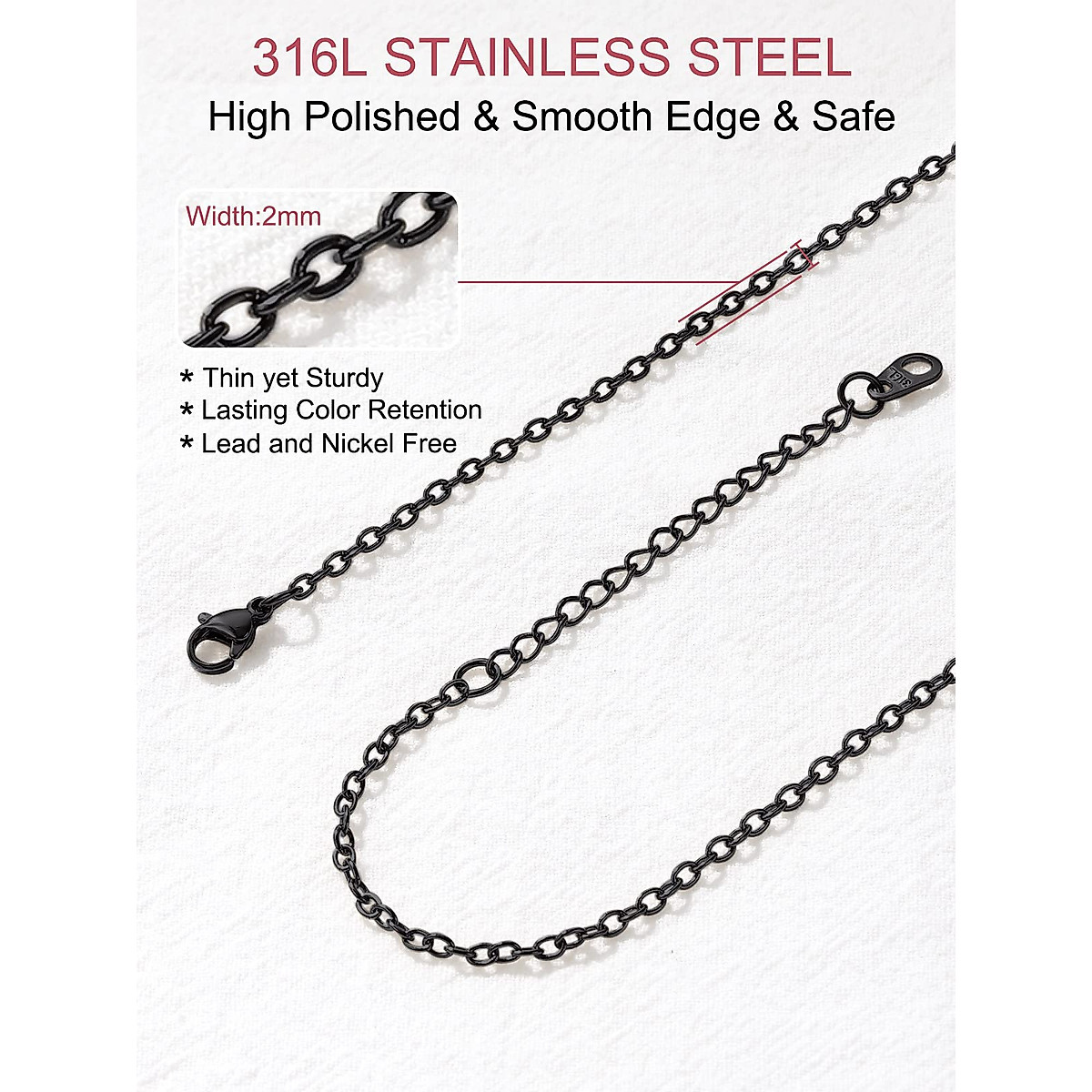 FOCALOOK Black Necklace Chain for Women 2mm 18 Inch Stainless Steel Rolo Cable Chain