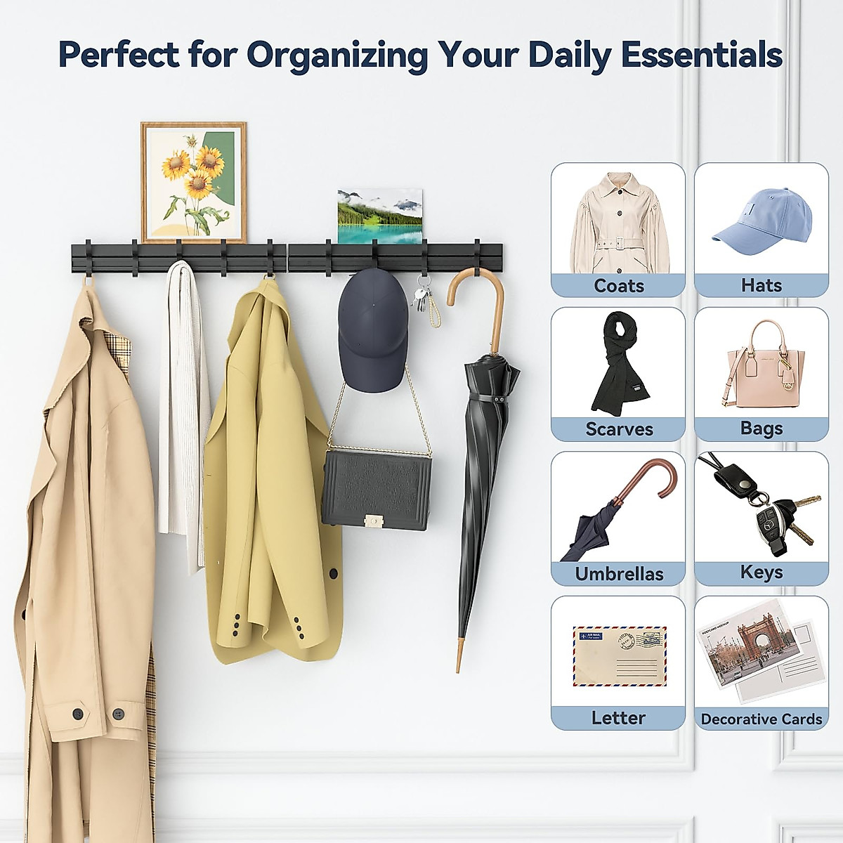 CLESOO Coat and Hat Hook Wall Mounted - Rail Coat Rack with 9 Double Hooks-Adjustable Sturdy Metal Coat Hook - Rustproof Large Capacity Coat and Hat Rack for Coat, Hat, Scarf, Bag, Towel, Key